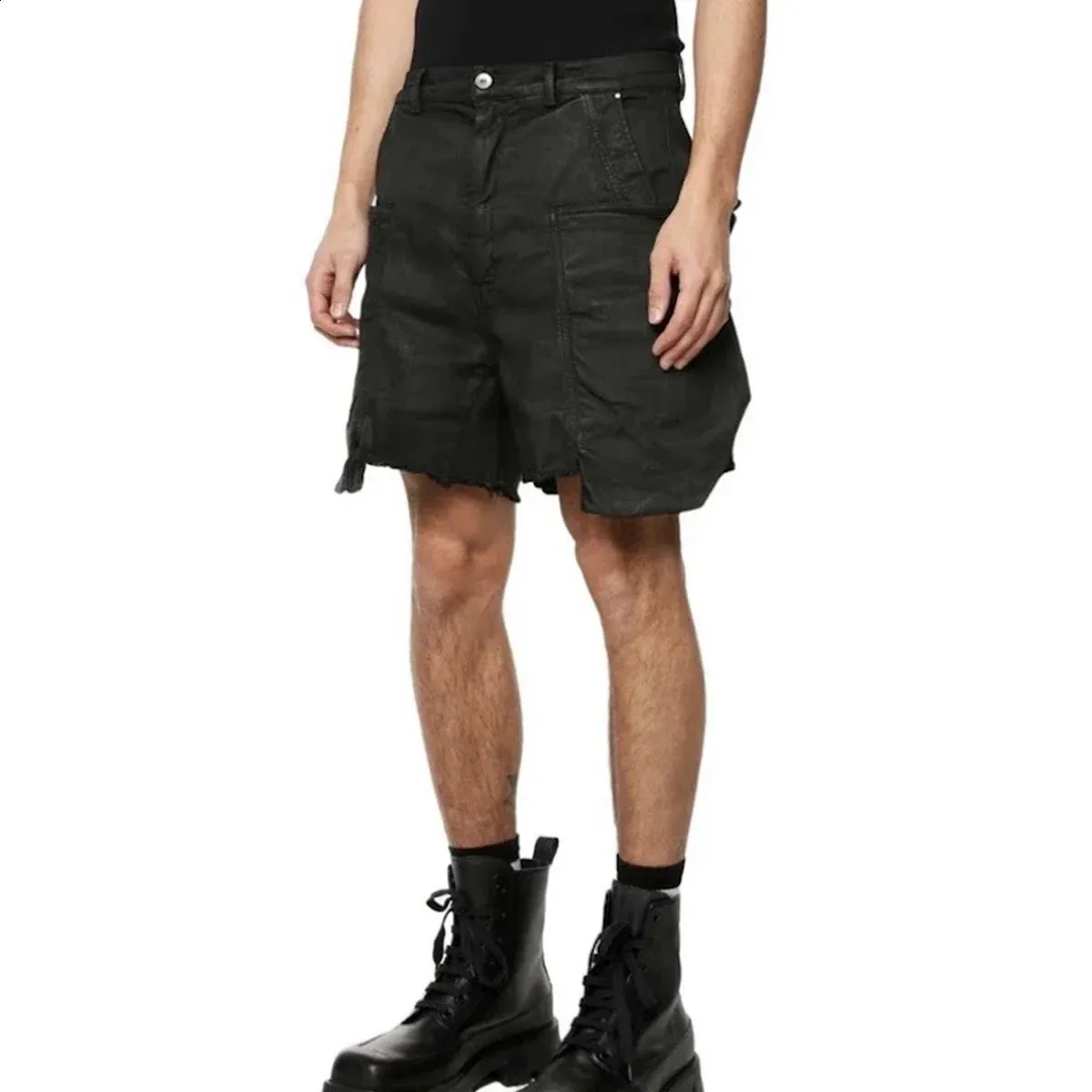 Mens Black Denim Shorts Brush Wax Coated Frayed Baggy Loose Vintage ...
