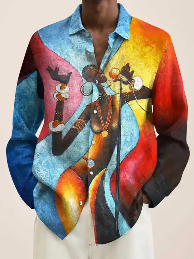 Mens 3D Art Painting Long Sleeve Casual Shirt Single Breasted Loose ...