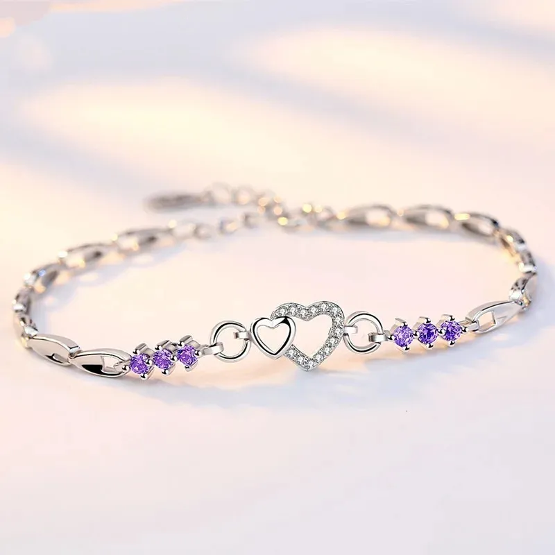 925 Sterling Silver Bracelet with Purple Crystal Zircon Heart Charm for ...