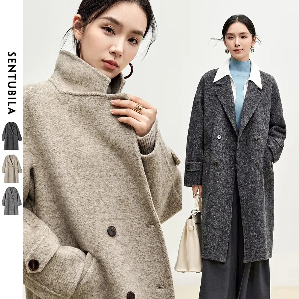 SENTUBILA Extra Long Wool Coat Womens Double Breasted Woolen Long Coats ...