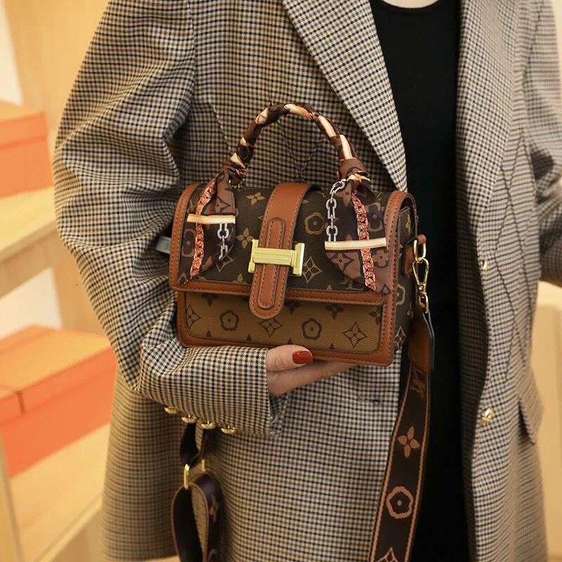 Brown square cross-body shoulder bag for women with silk scarf style ...