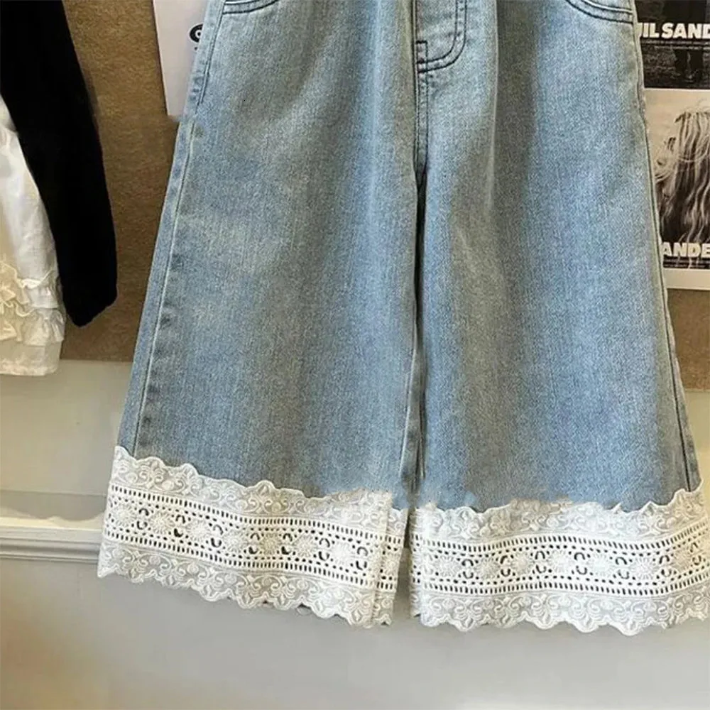 Bear Leader Girls Straight Lace Jeans Summer Childrens Wide Leg Pants ...