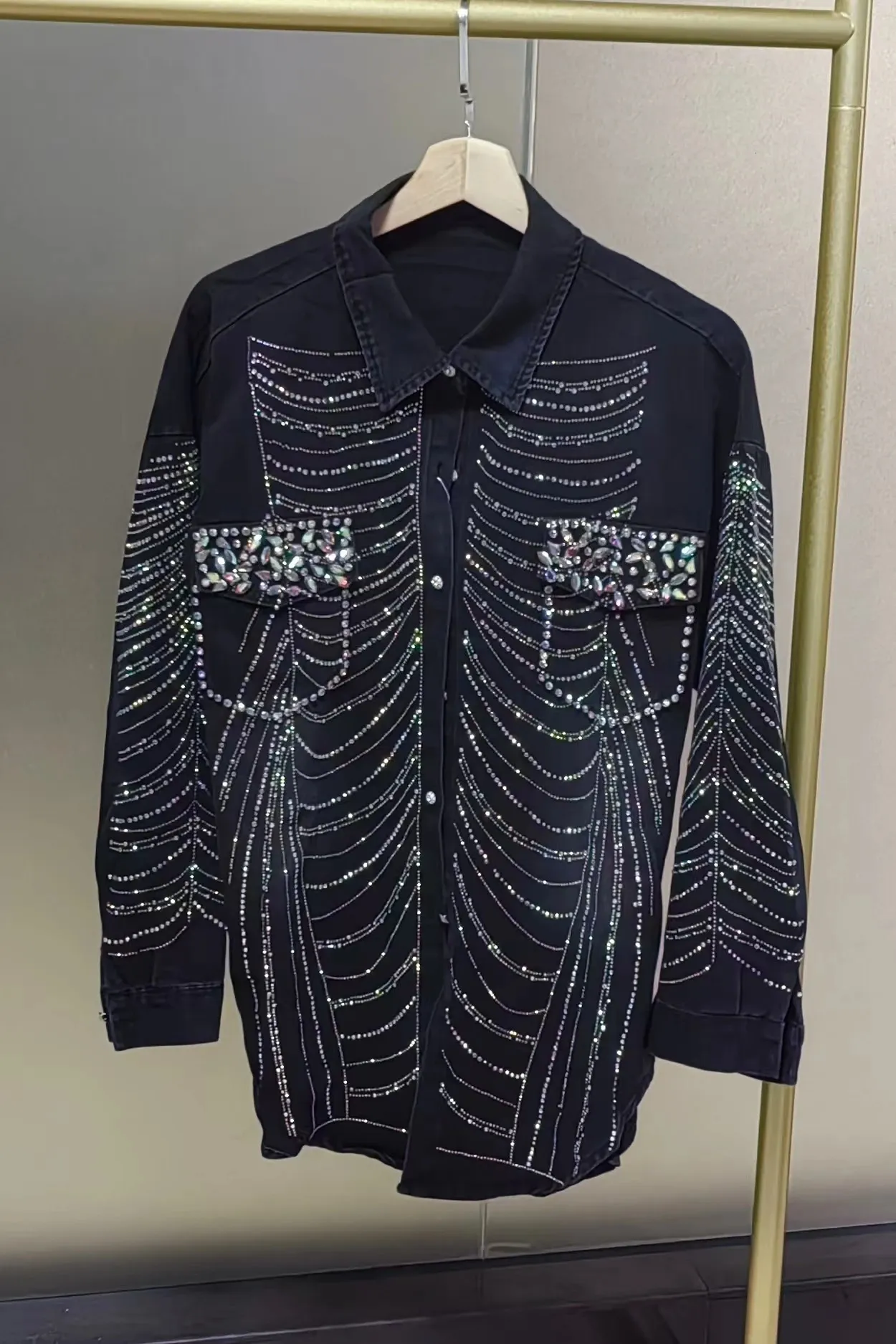 Womens Mid-Length Black Denim Coat with Diamond Stripe Pattern for ...