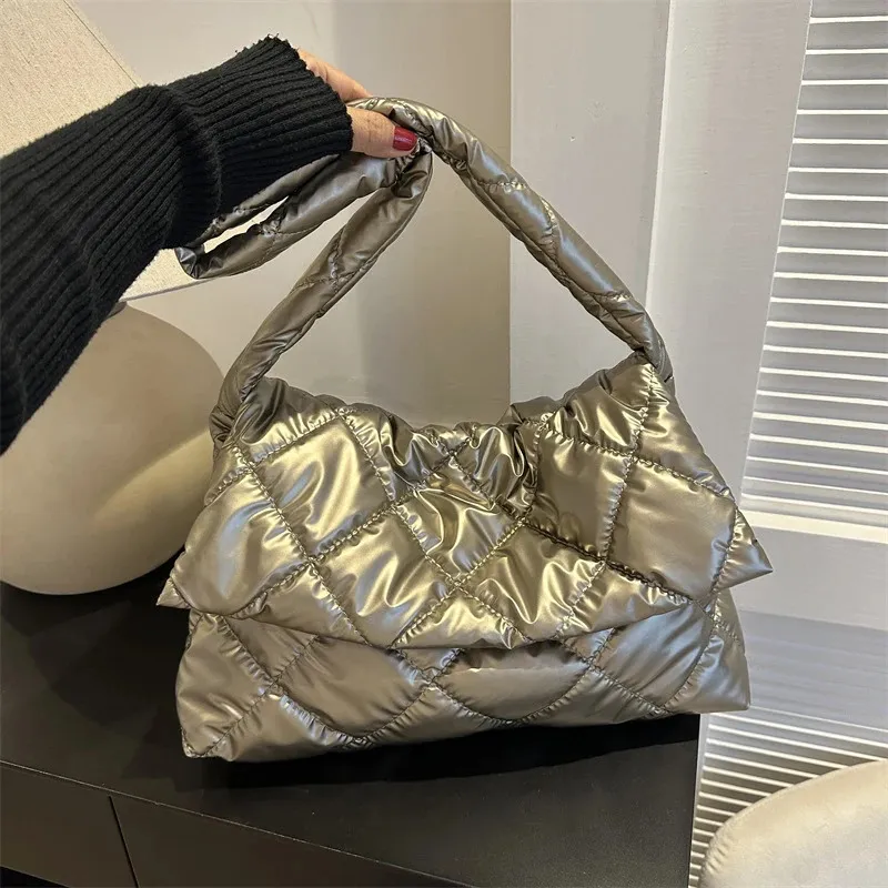 Space Cotton Quilted Down Padded Tote Bag - Large Capacity Womens ...