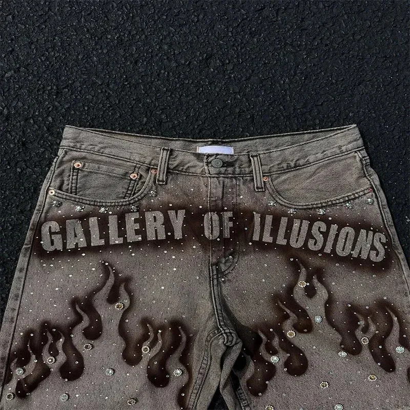 Goth Vintage Print High-Waisted Denim Shorts for Men Casual Streetwear ...