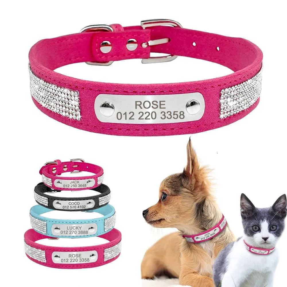 Suede Leather Dog Collar Rhinestone Personalized ID for Small Medium ...