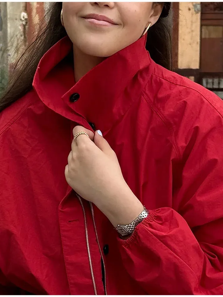 Women Bomber Jackets Outerwear Red Stand Collar Long Sleeve Zipper ...