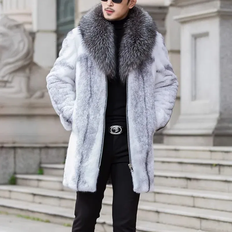 Men's Faux Fox Fur Jacket Autumn Winter Thick Long Sleeve Warm Black ...