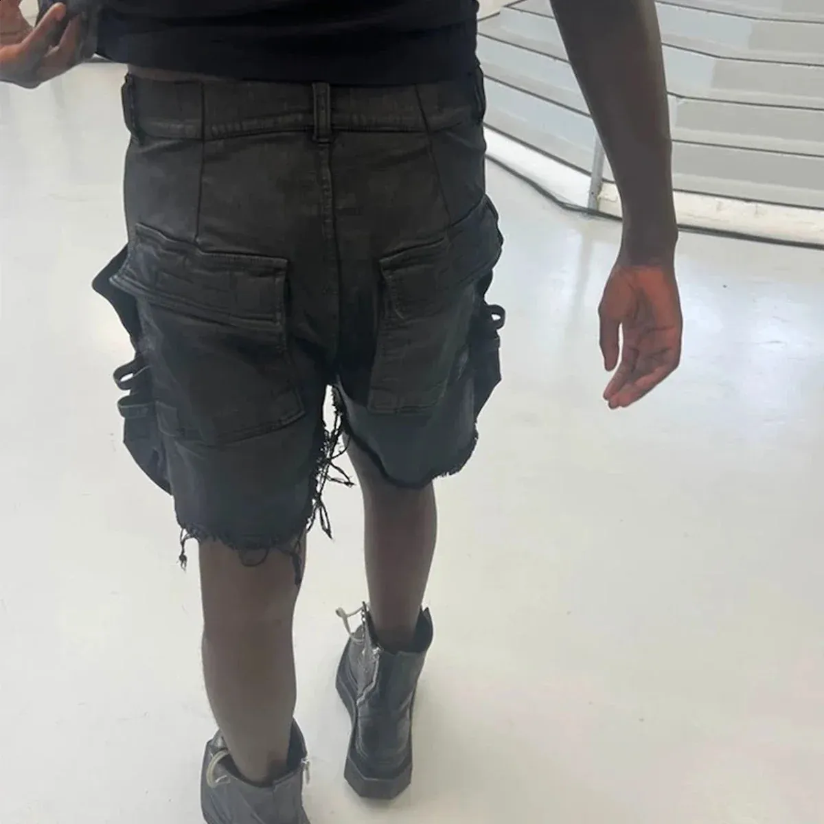 Mens Black Denim Shorts Brush Wax Coated Frayed Baggy Loose Vintage ...