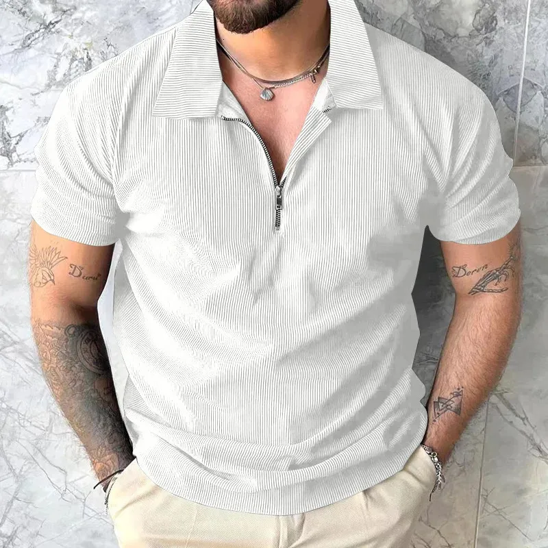 Summer Mens pure color casual corduroy zipper turndown collar polo ...