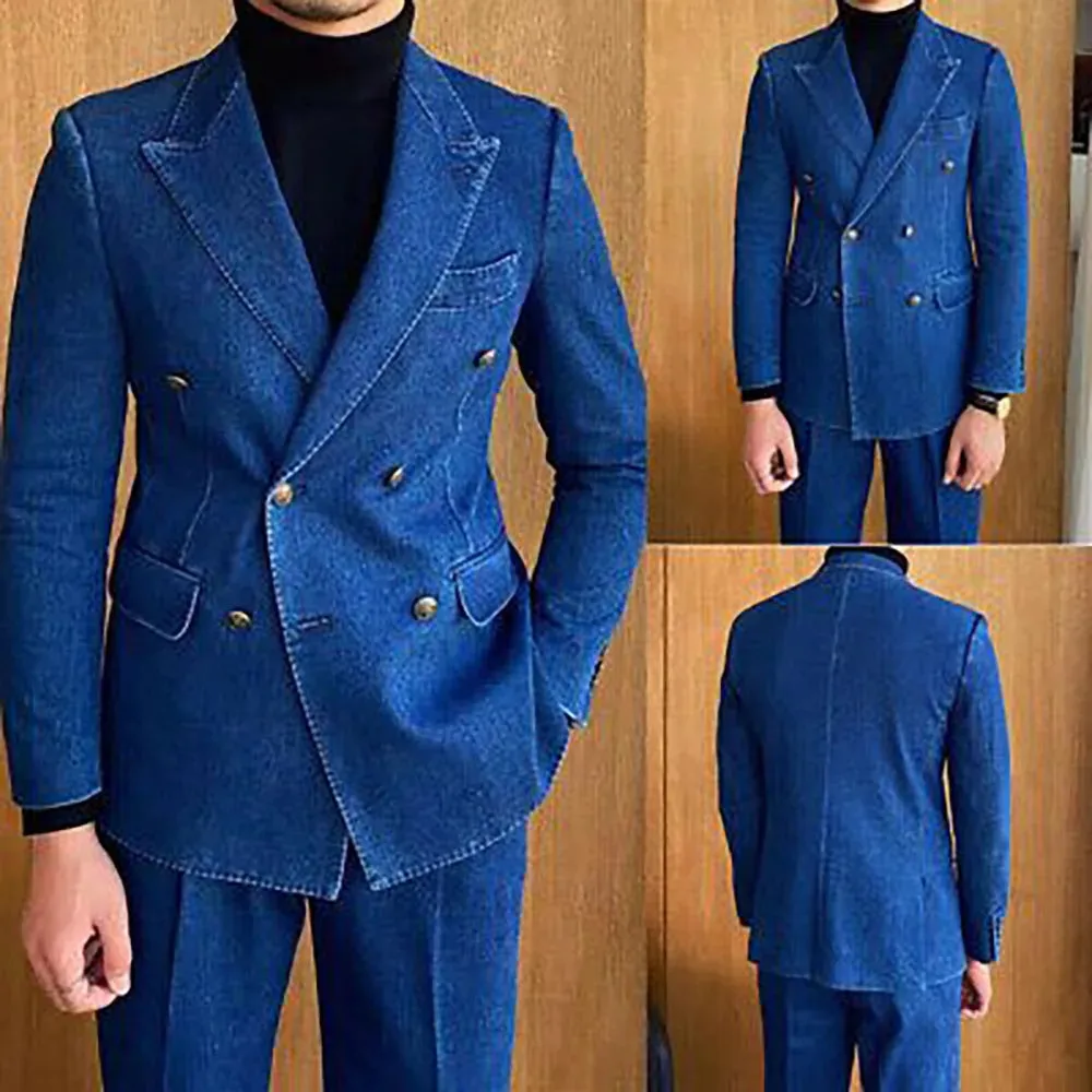 Denim Double Breasted Men Suits Lapel Flat Front Jacket Pants Sets from ...