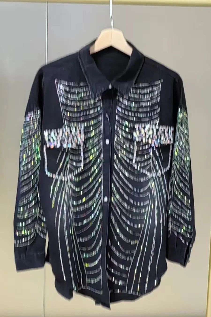 Womens Mid-Length Black Denim Coat with Diamond Stripe Pattern for ...