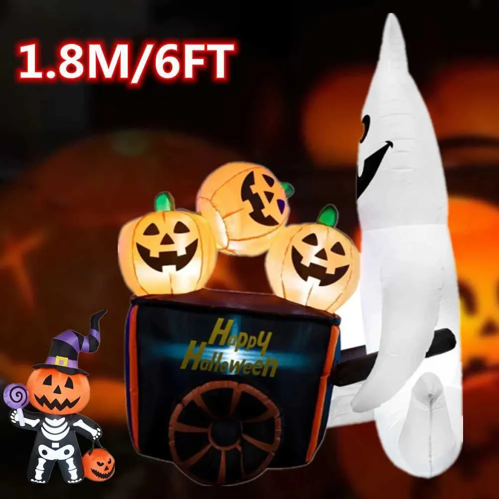 Halloween Inflatable 6FT Ghost Pushing Pumpkin Cartwith Buildin LEDs ...