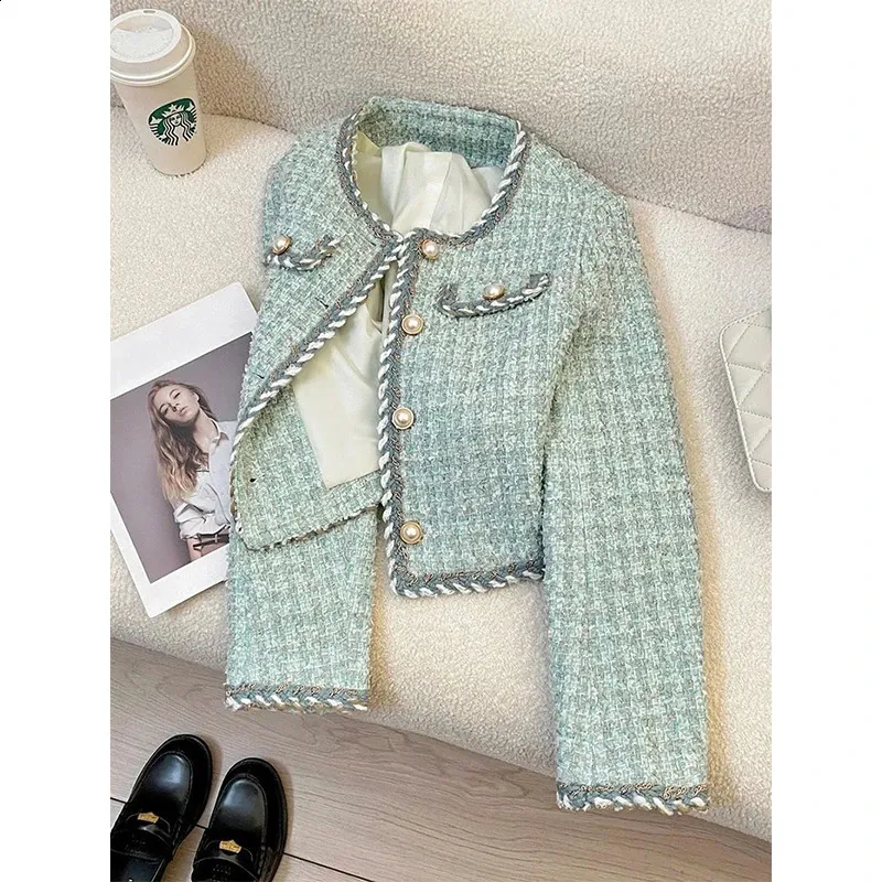 Vintage Cropped Tweed Jacket Women Patchwork Quilted Long Sleeve ...