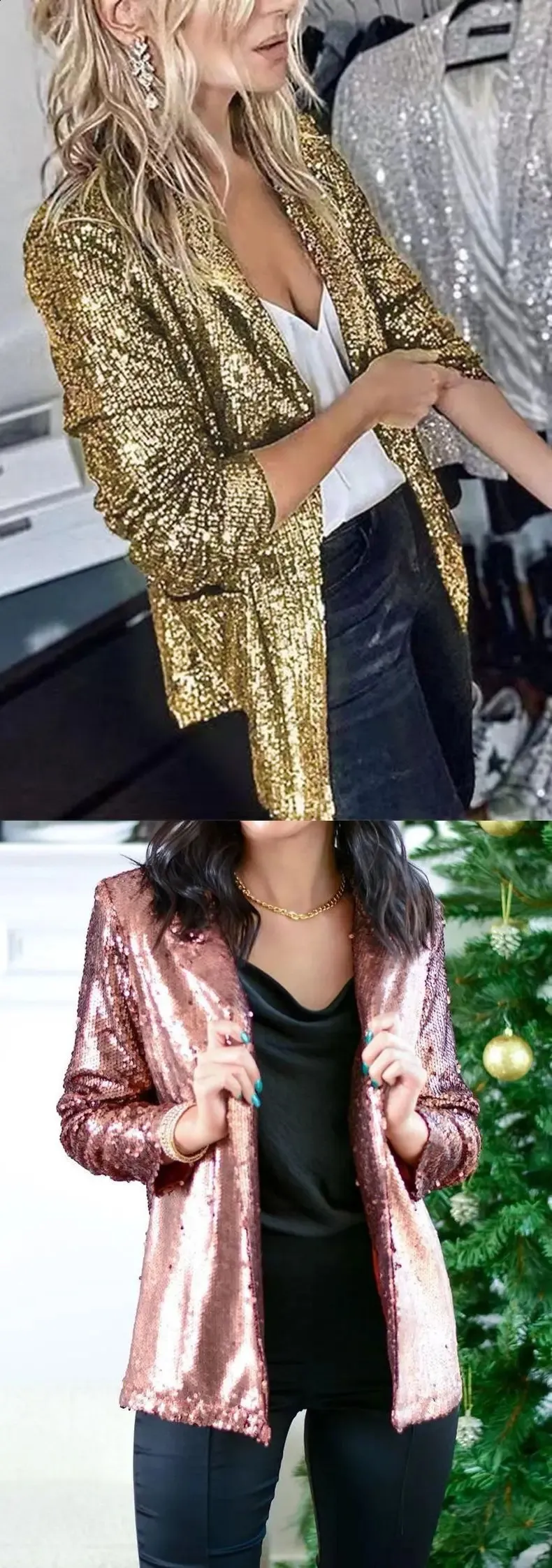 Womens Glitter Blazer Sequined Party Jacket with Lapel Collar Long ...