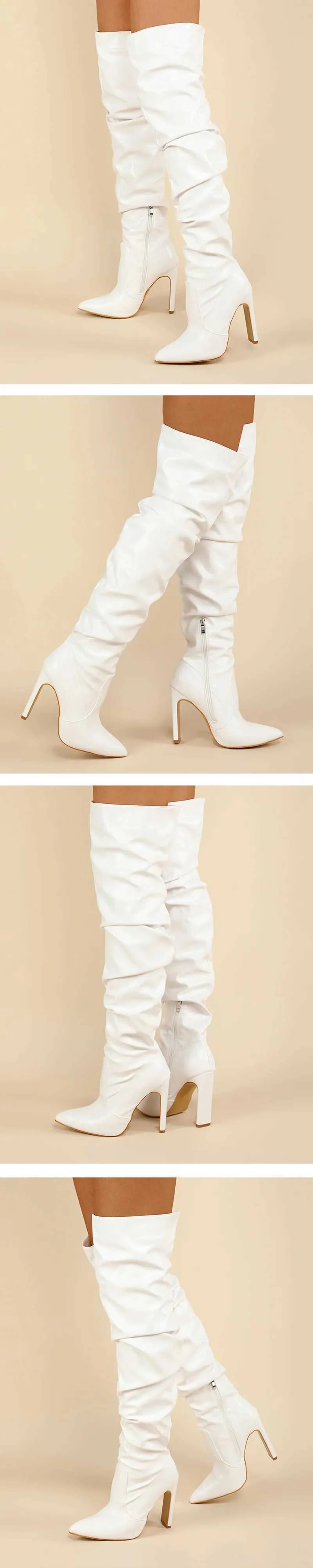 Knee High Leather Over-The-Knee Boots with Pointed Toe and Side Zip ...