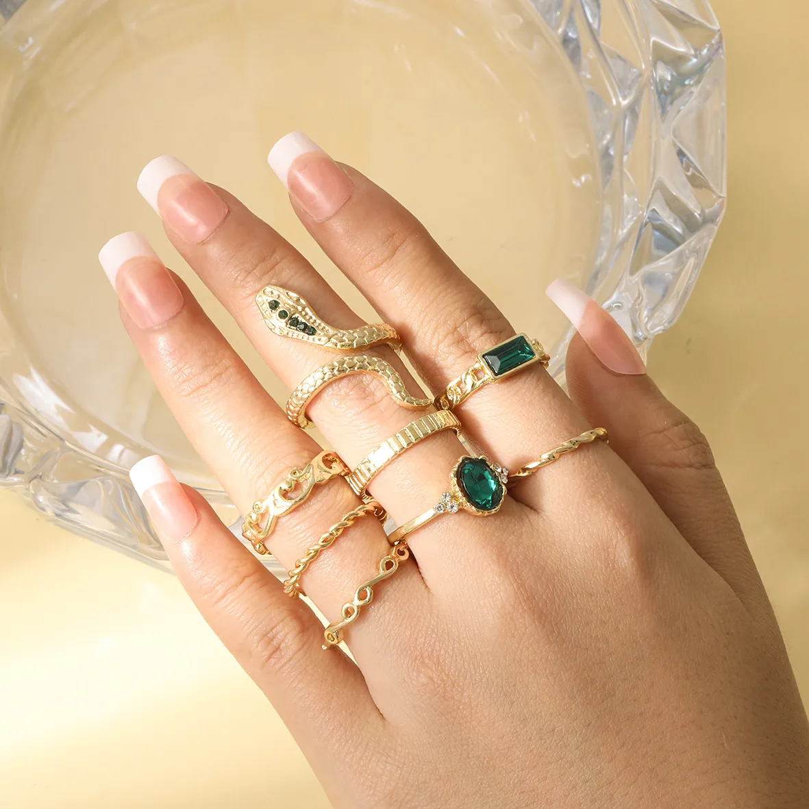 Combination Ring Set Gold Snake Shape Green Diamond Twist Design from ...