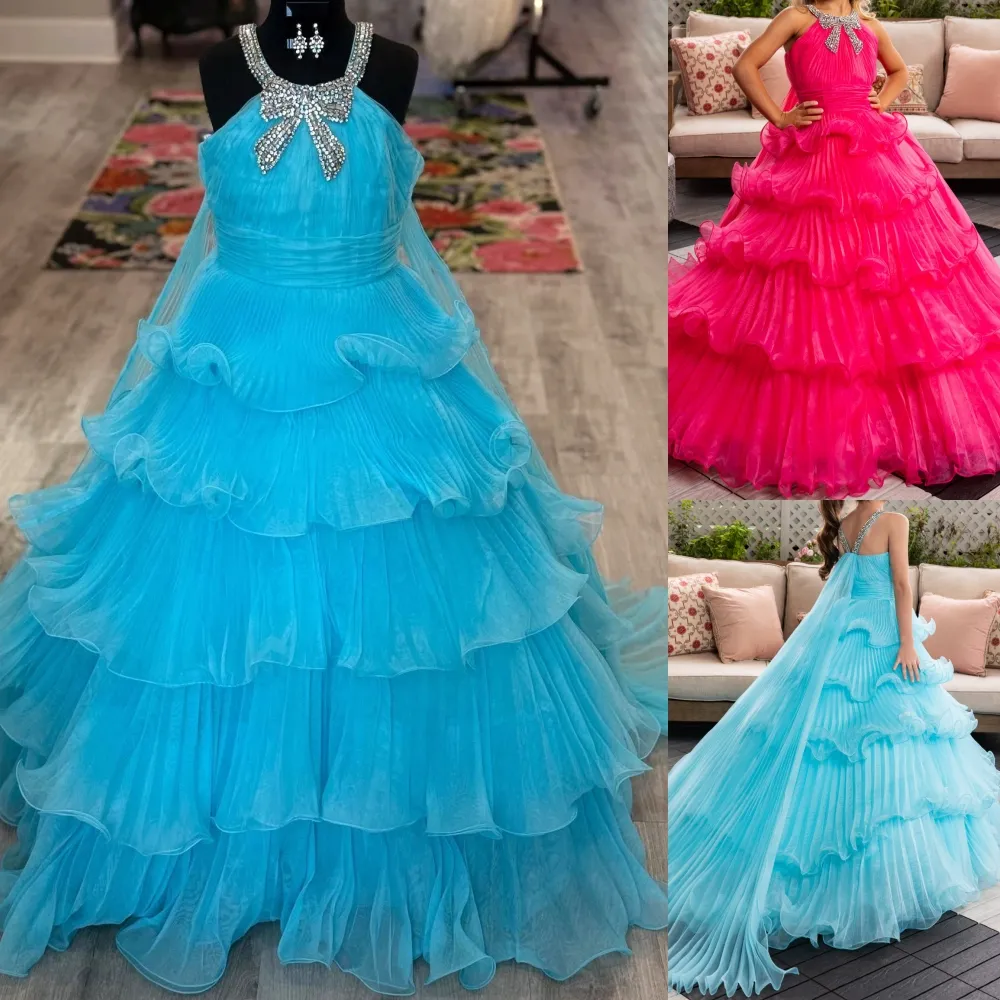 Hot Pink Girl Pageant Dress Crystal Halter Neck Pleated Ruffle Organza ...
