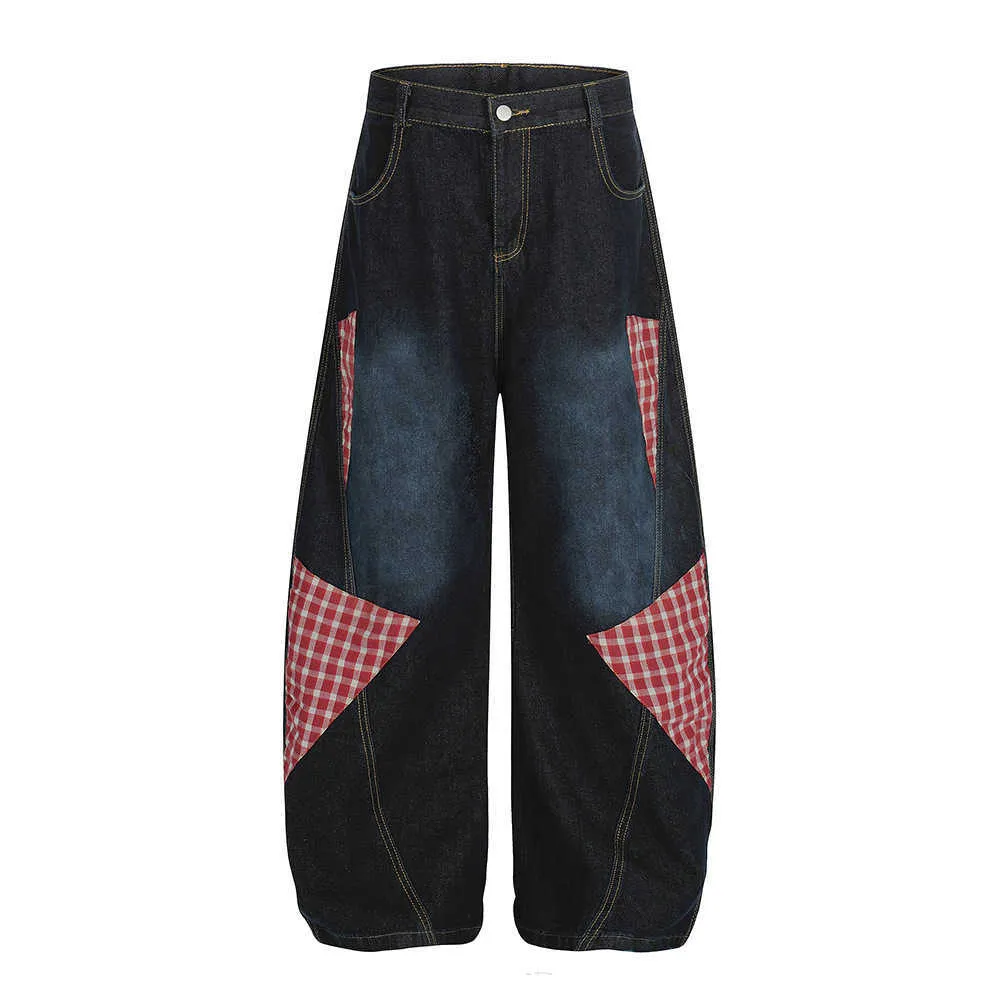Color Block Patchwork Plaid Scimitar Jeans Men Loose Wide-Leg Punk ...