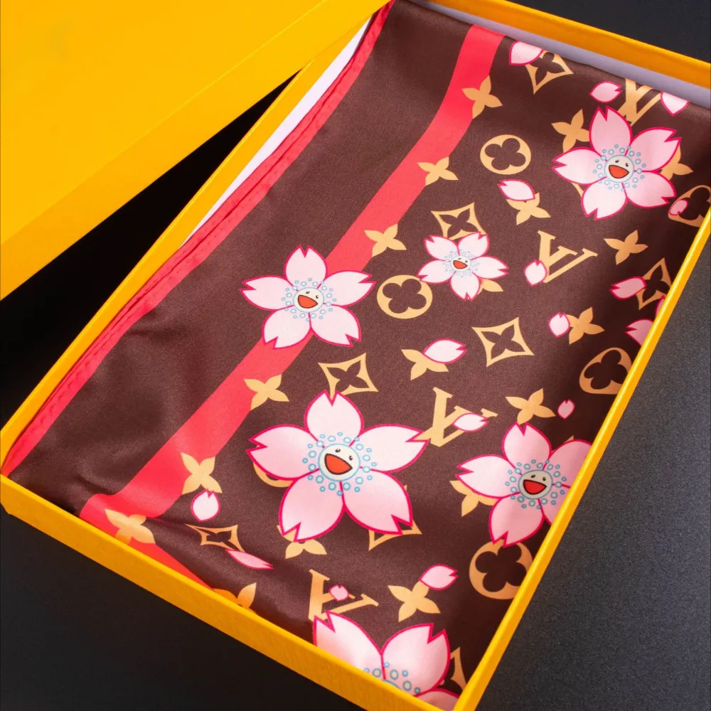 Silk square scarf 35.4 × 35.4 in 90 × 90 cm classic letter and floral ...