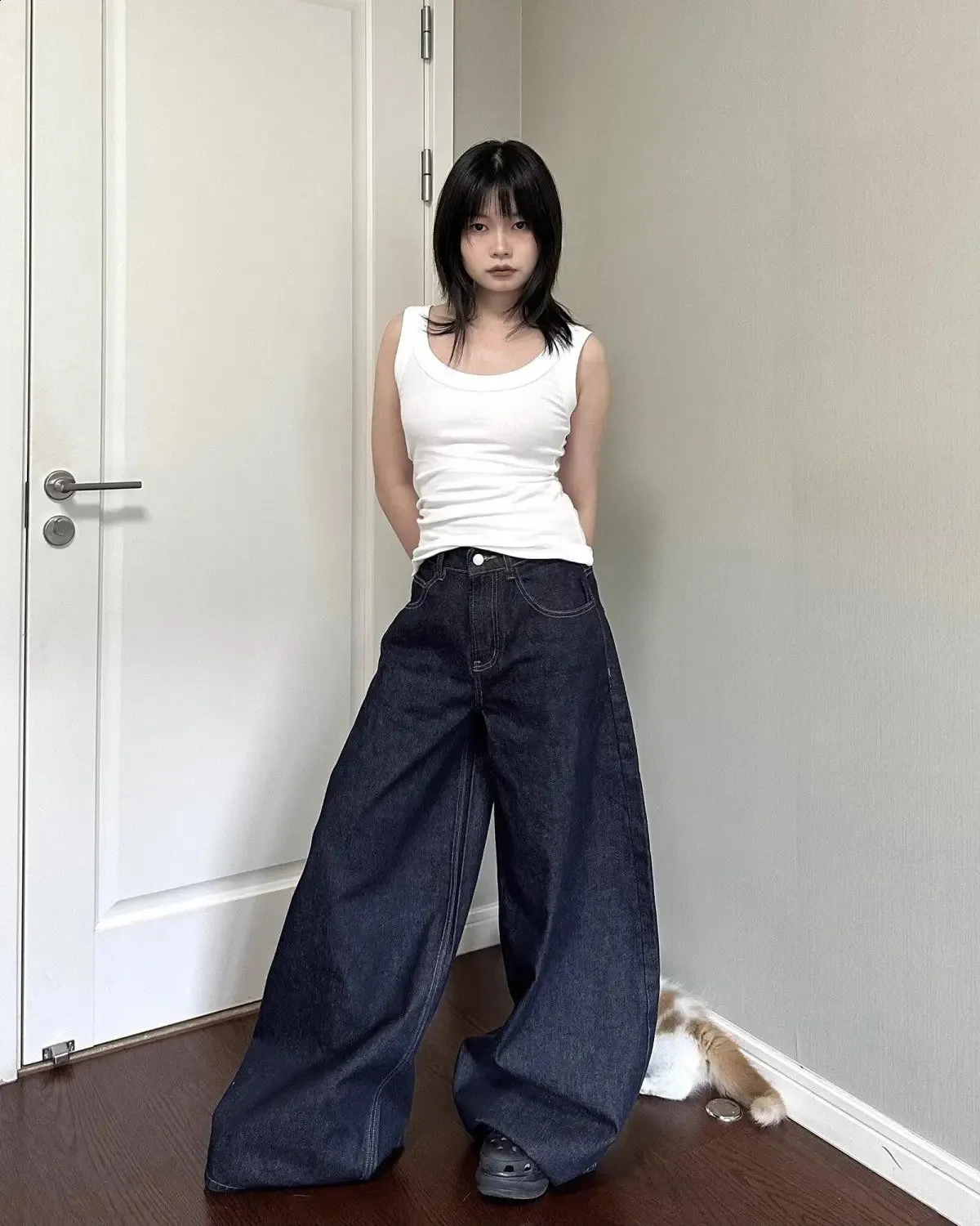 Women's black wide-leg jeans low-rise washed loose straight pants for ...