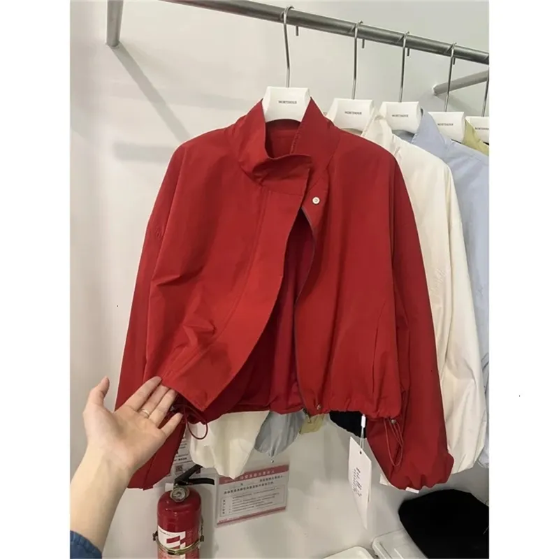 Women's Loose Red Jacket with Hood Full Opening Acetate Casual Coat for ...