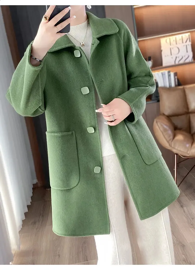 Womens Medium Length Slim Single Breasted Wool Coat with Doll Collar ...