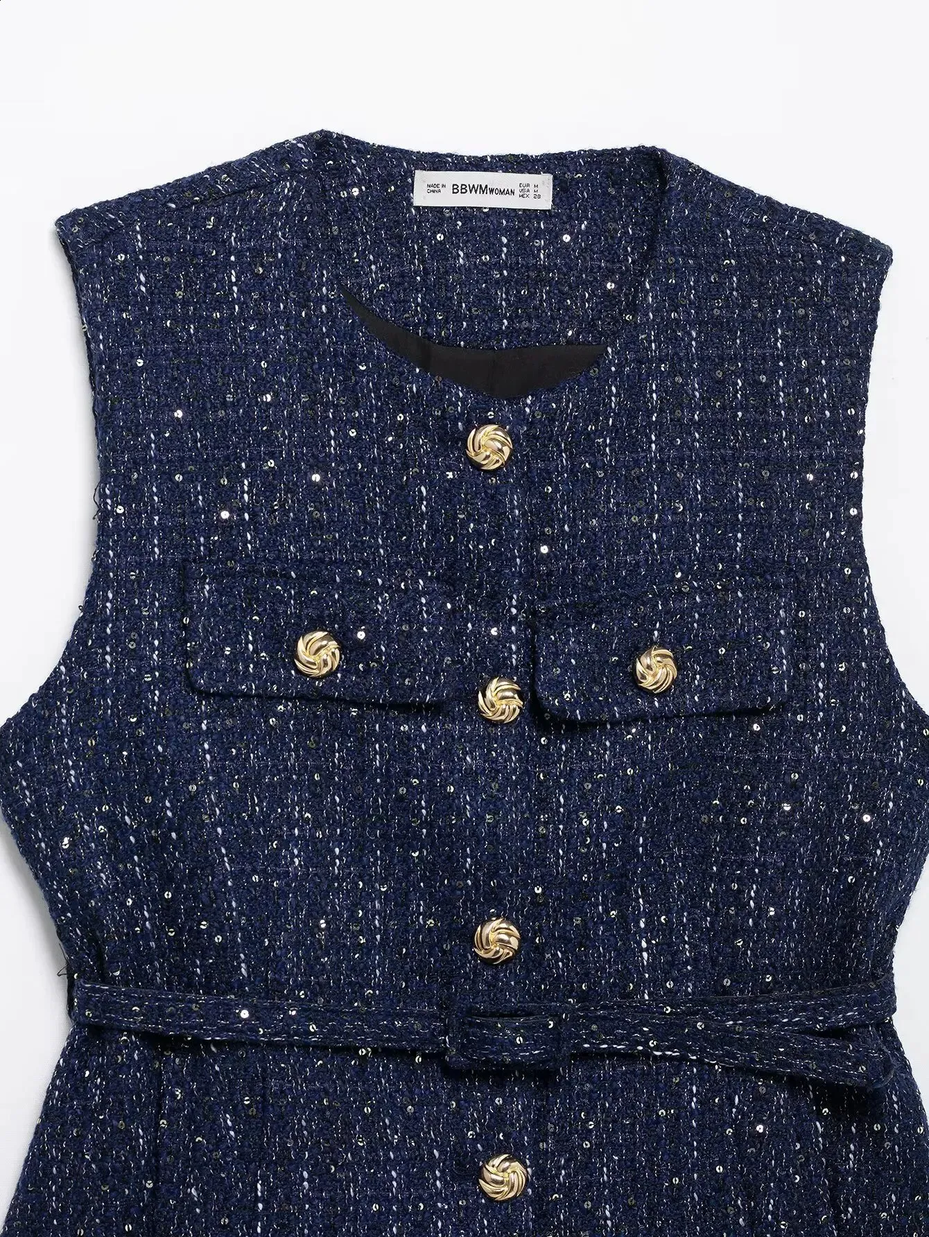 TRAFZA Womens Yellow Belt Tweed Sleeveless Jacket Waistcoat for Spring ...