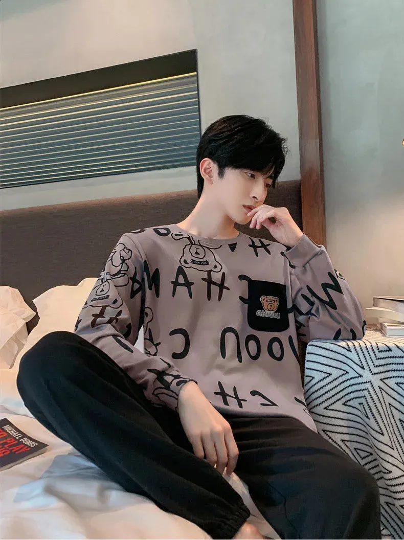 Plus Size Men's Pajamas Autumn Winter Long-Sleeved Loose Leisure Set ...