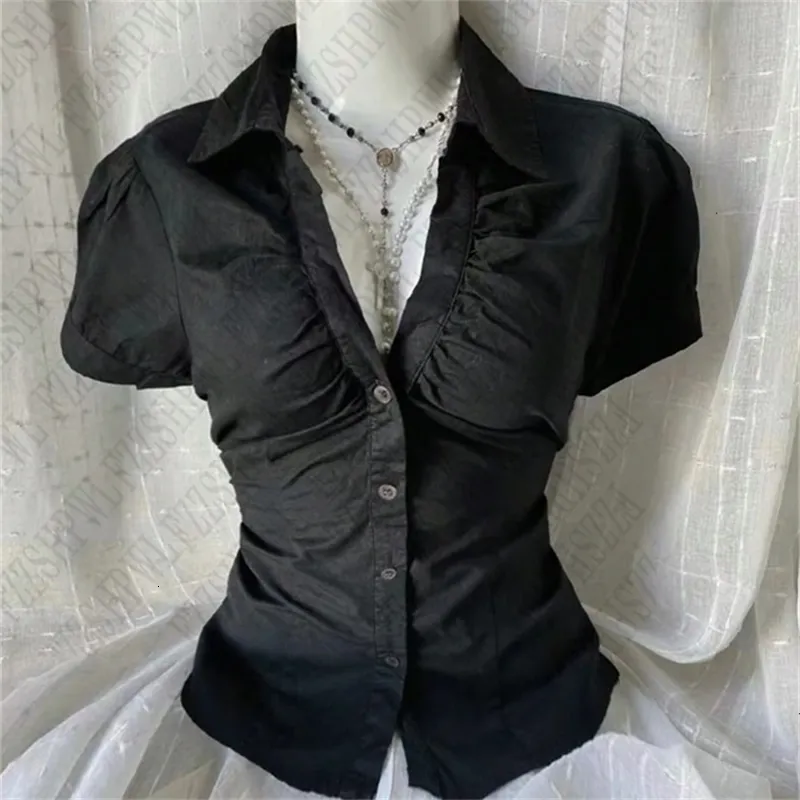 Vintage Aesthetic Women Y2K Slim Acetate Knit Shirt Harajuku Short ...