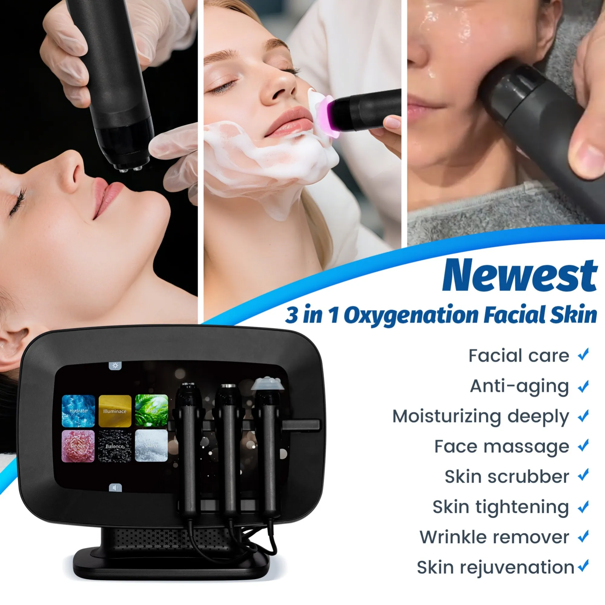 3 In 1 Oxygen Facial Machine Ultrasound RF CO2 Bubble Jet Peel For Anti ...