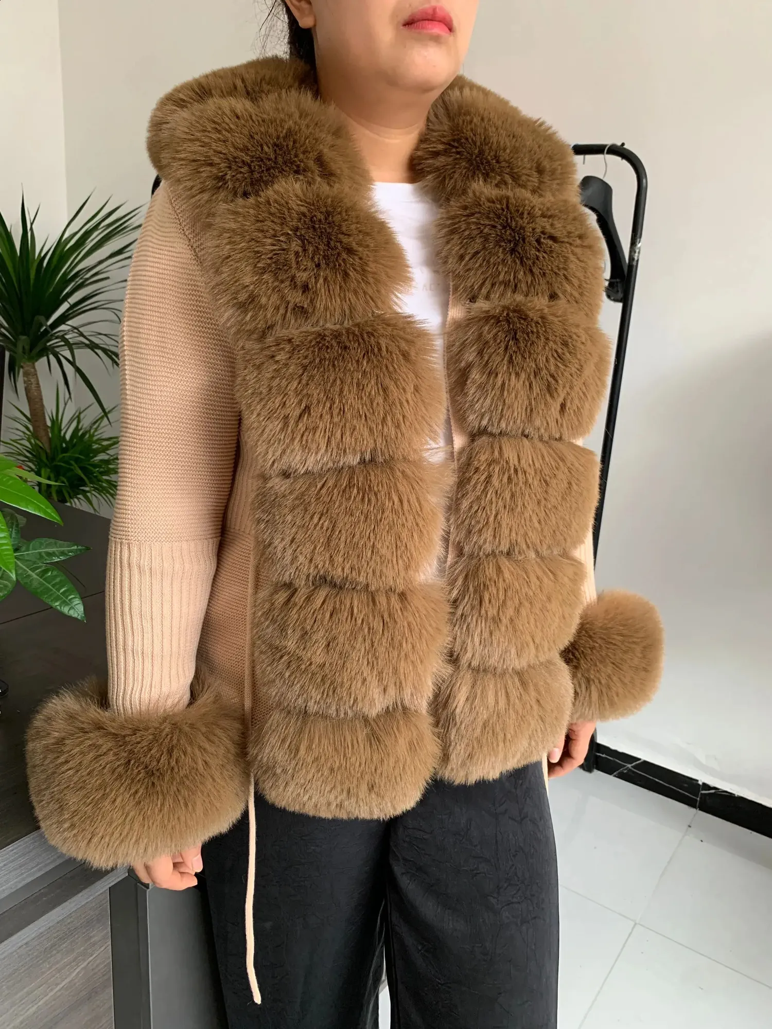 Women's Faux Fur Knit Sweater Cardigan, Elegant Knitted Sweater with ...