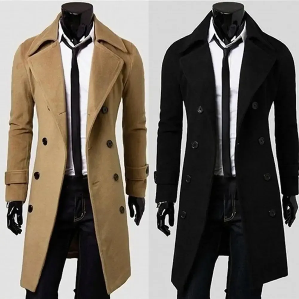Simple Trench Coat Doublebreasted Male Men Coat Coldproof Pure Color ...