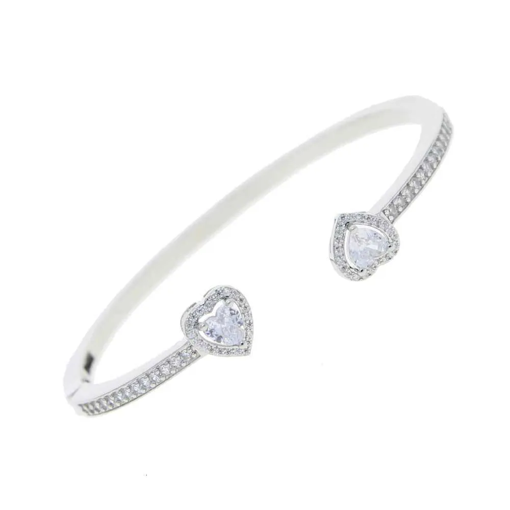 Double Heart Charm Open Bangle Bracelet with Cubic Zirconia for Women ...