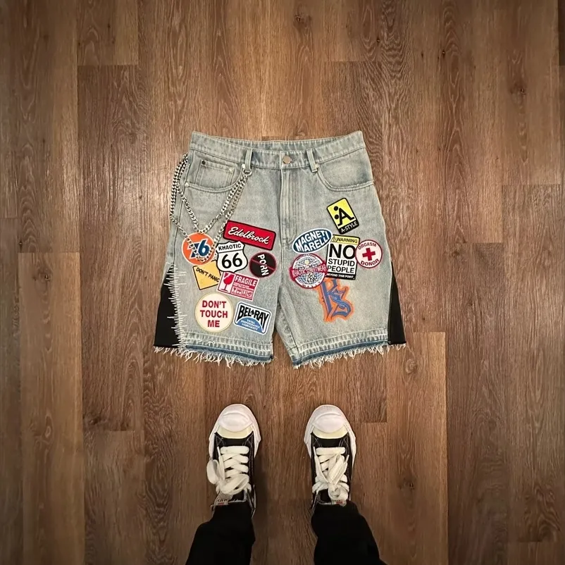 Men Women American Retro Patchwork Denim Shorts Y2K Jeans Harajuku Hip ...