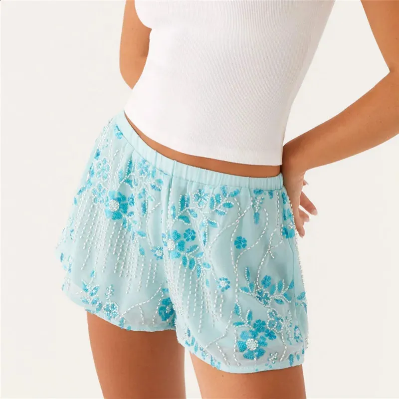 hirigin Women Sequin Mini Shorts Y2K Low Rise Sparkle Floral Bead ...