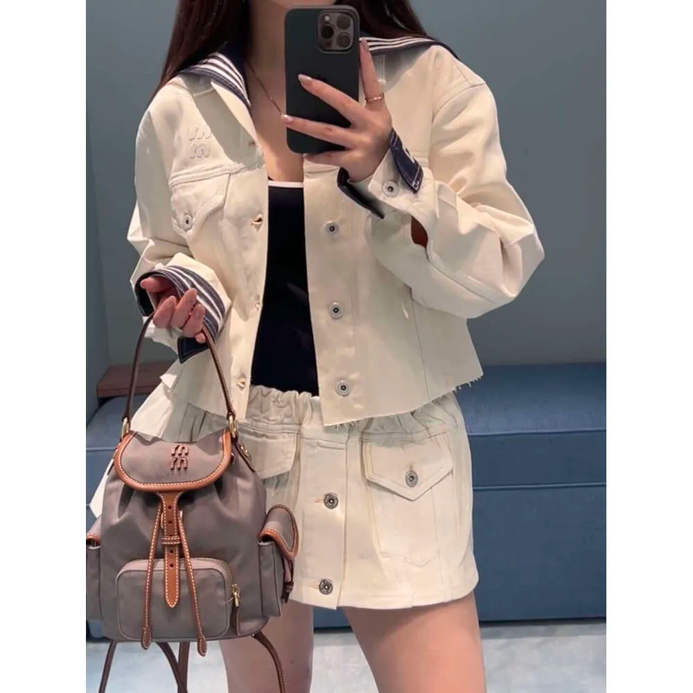 Designer Dress Navy Collar Denim Jacket and Short Skirt Suit with Navy ...