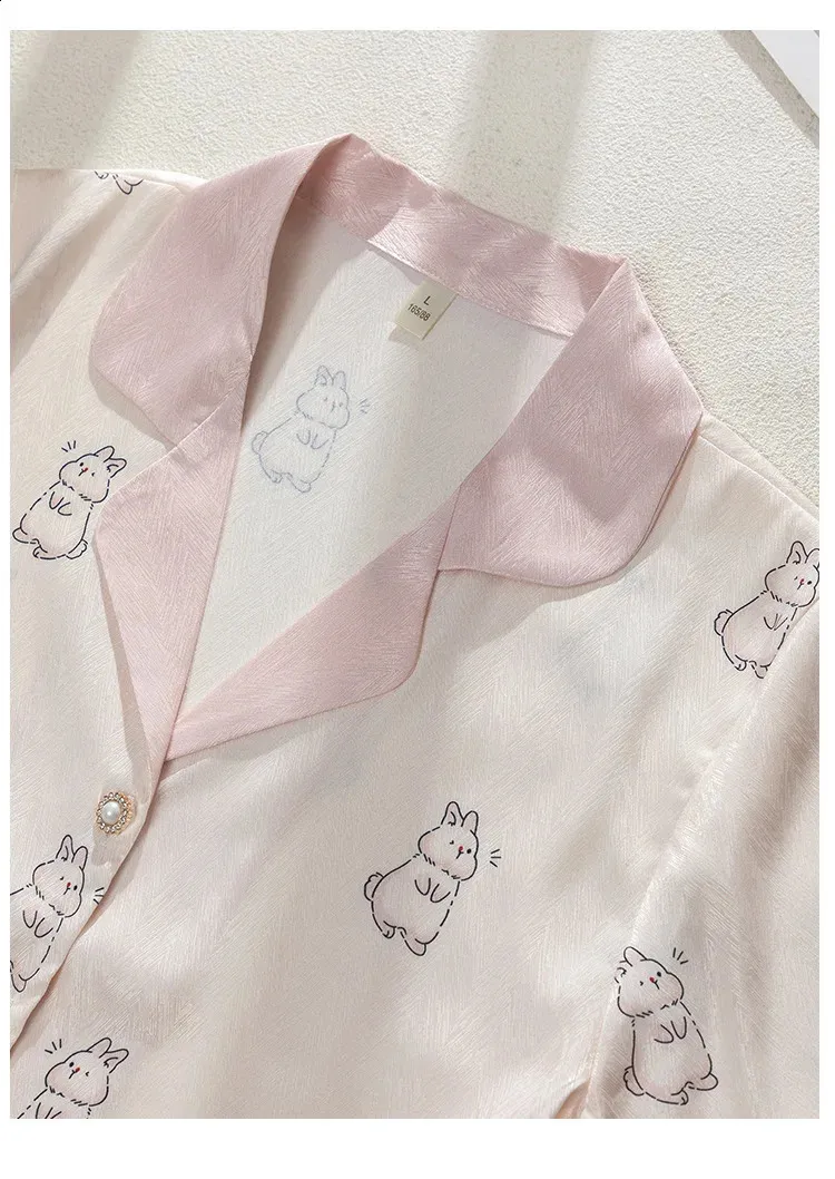 Women's 3-Piece Pajama Set Ice Silk Short Sleeve Trousers Cartoon Print ...