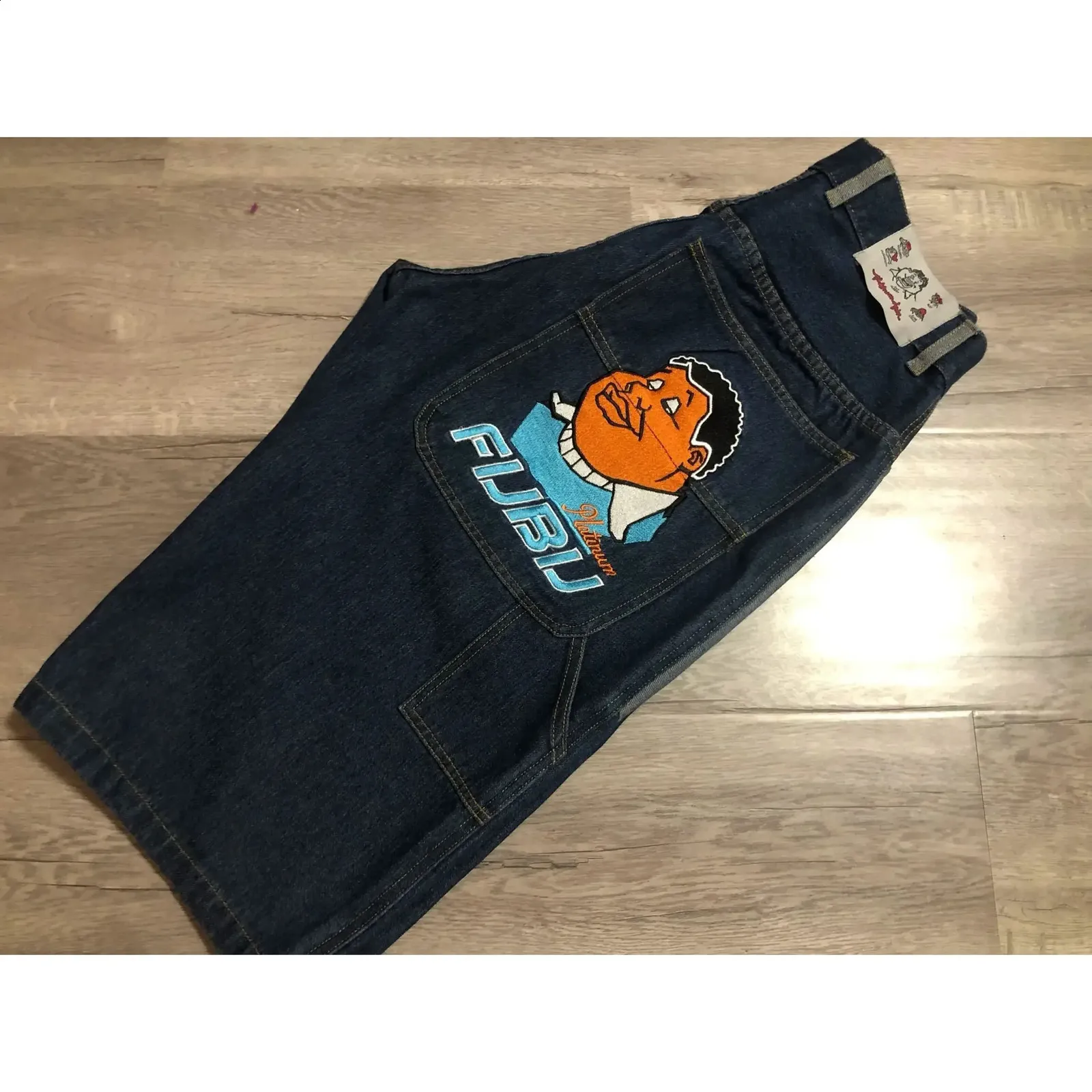 Loose denim shorts American retro Y2K pattern straight-leg hip hop ...