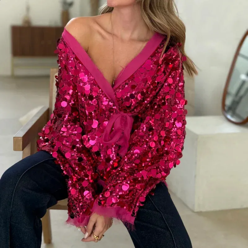 Sequins Lace-Up Fashion Coat for Women, Glitter Party Street V-Neck ...