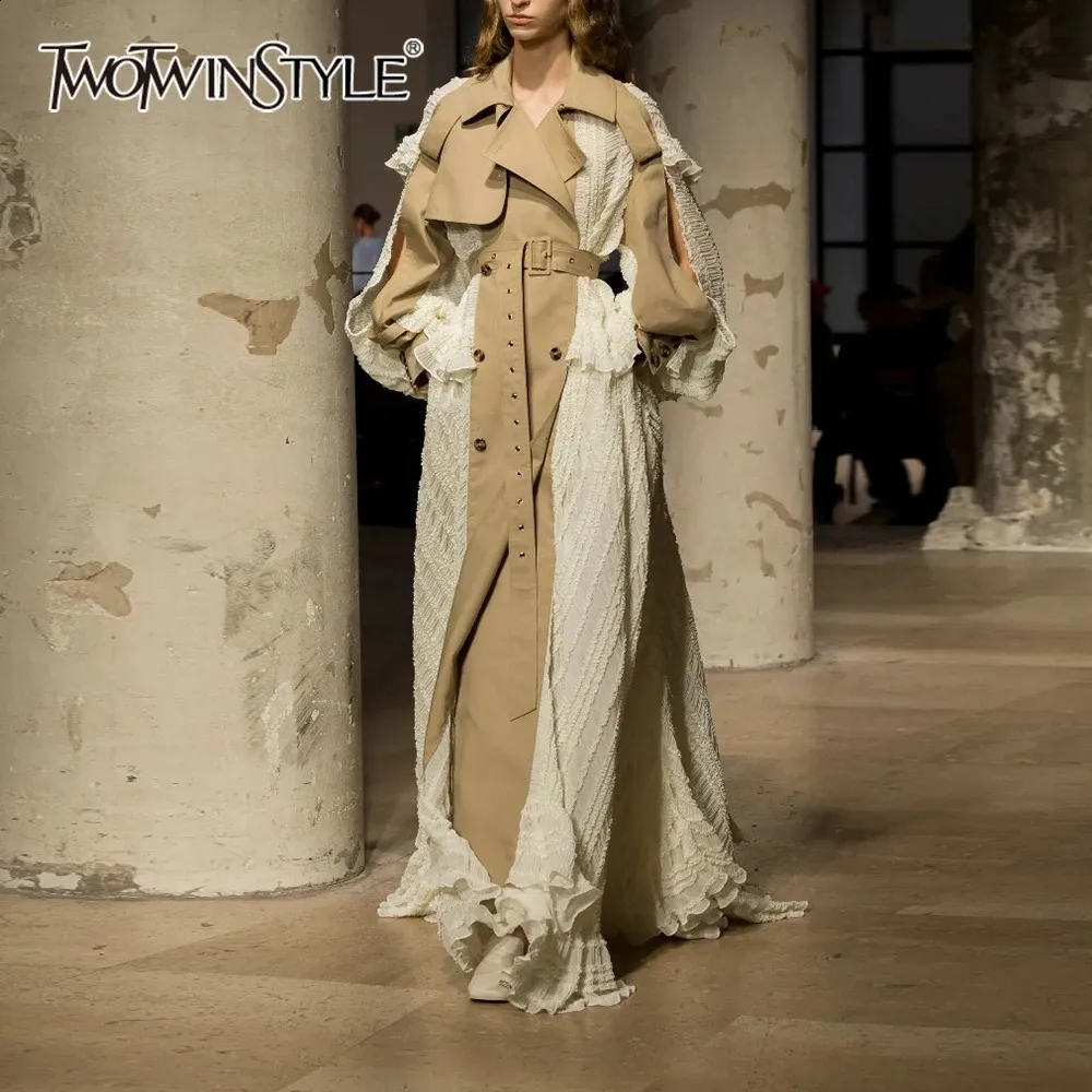 Double Breasted Long Line Colorblock Trench Coat for Women with Lapel ...