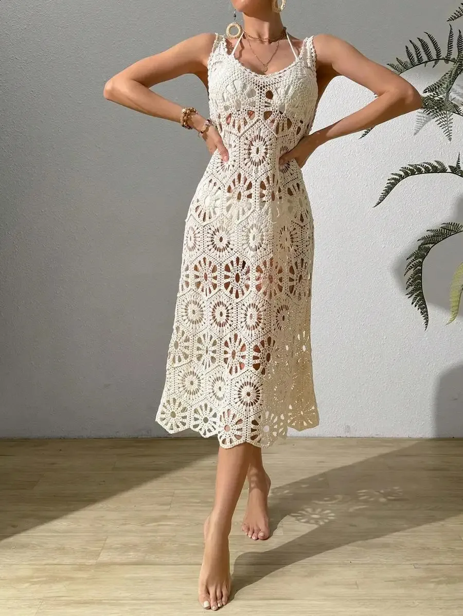 3D Flower Knitted Sling Long Dress Women Deep V-Neck Backless ...