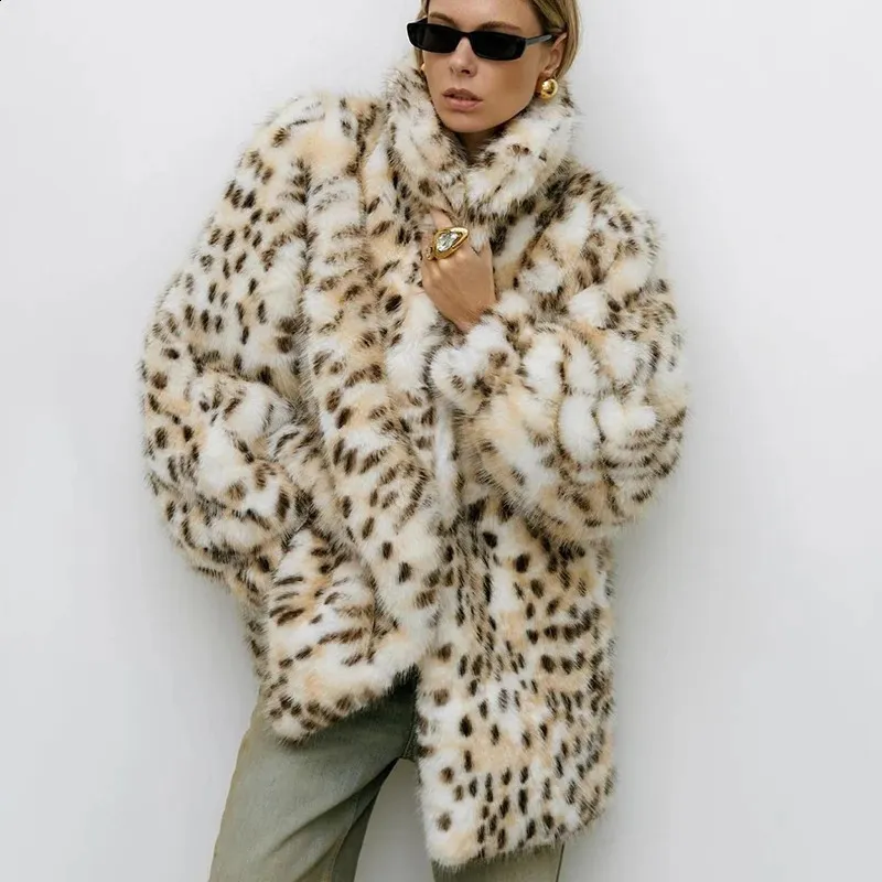 Faux Fur Leopard Print Fox Fur Coat Jacket Women Long Brown Neo Mint ...