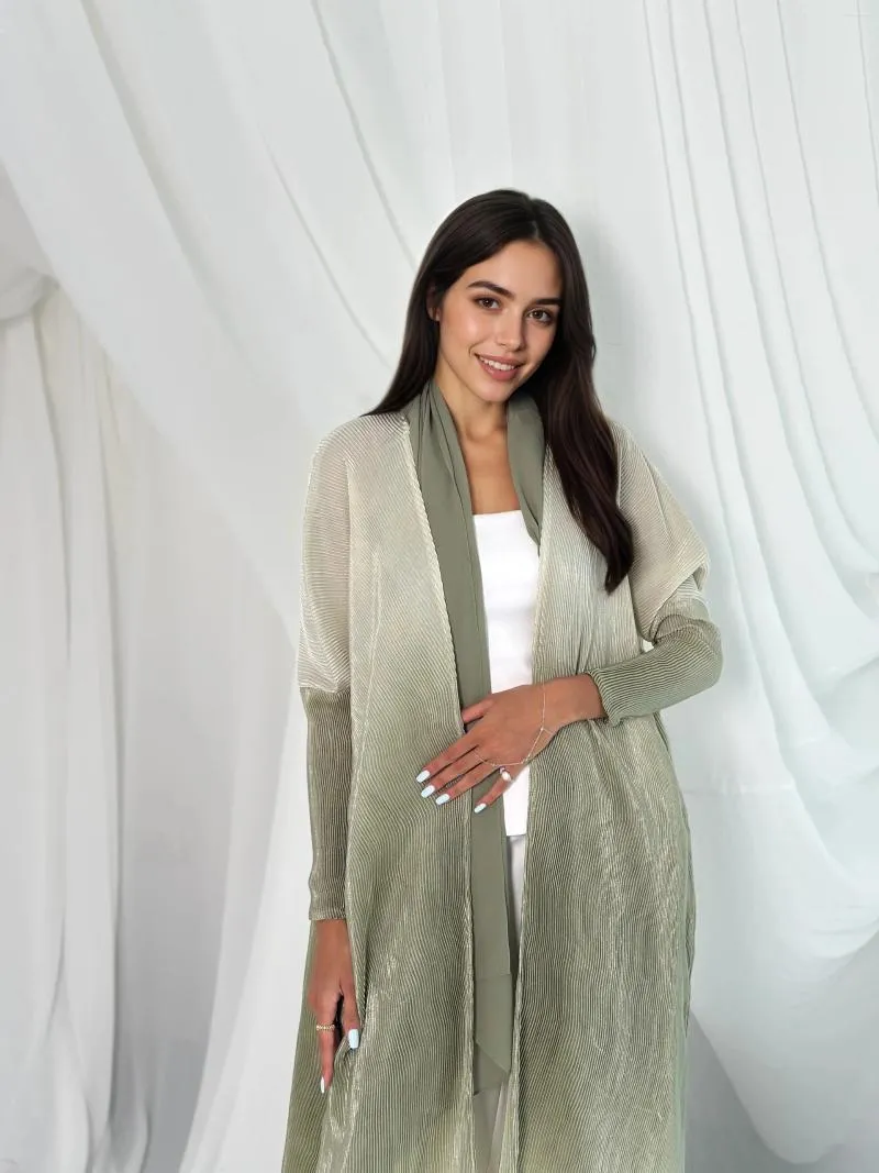Ethnic Clothing Green Muslim Abaya Gradient Color Block Pleated Long ...