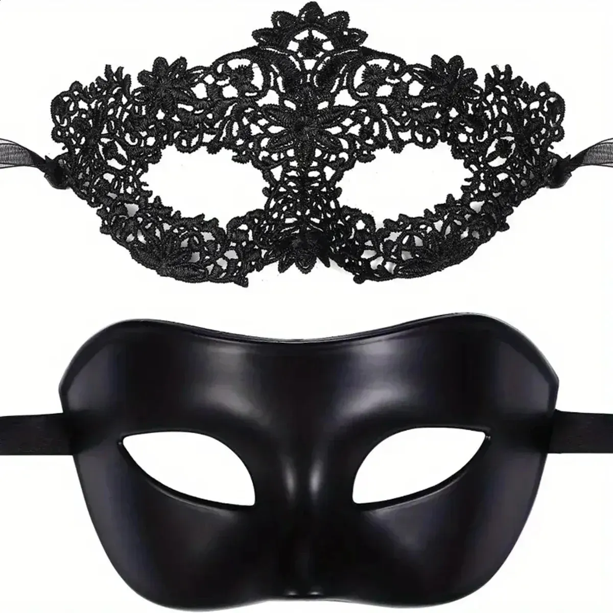 Black Lace Masquerade Mask Set for Couples Venetian Party Mardi Gras ...