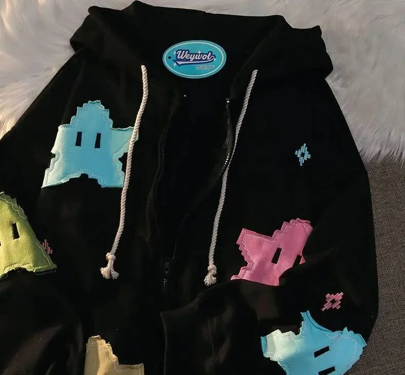 Star Patch Hoodie British Gothic Punk Style Printed Embroidery Mens ...