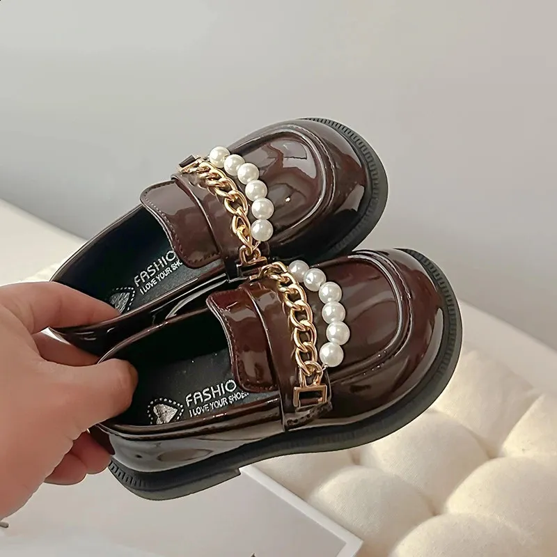 Kids Leather Shoes for Girls Flat Loafers with Metal Chain Black Brown ...