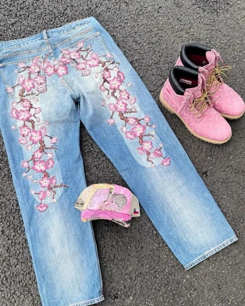 Retro Cherry Blossom Embroidery Baggy Jeans Women Y2K Harajuku Hip Hop ...