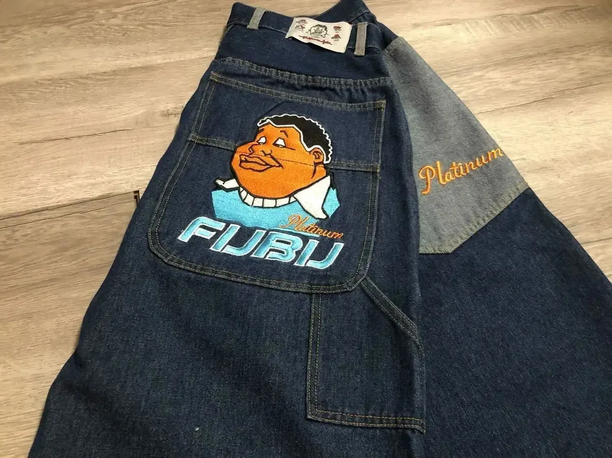 Loose denim shorts American retro Y2K pattern straight-leg hip hop ...