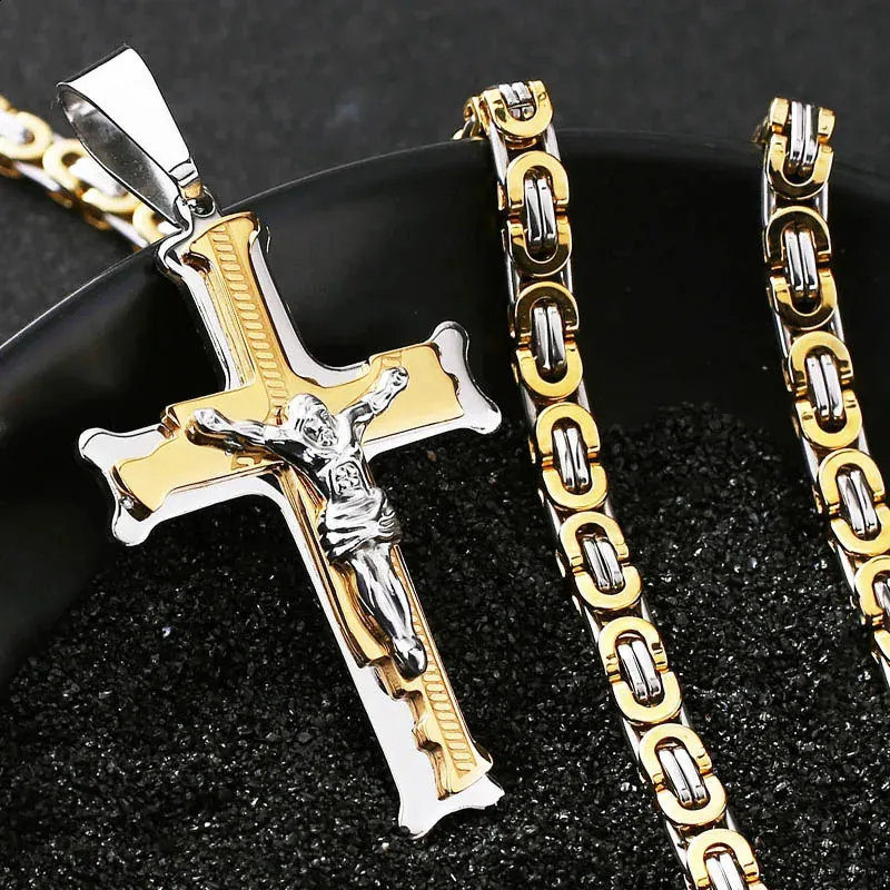 Stainless Steel Crucifix Necklace Byzantine Link Chain With Fish Bone ...